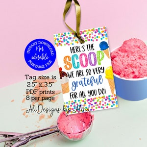Here's the Scoop Ice Cream PRINTABLE Tags, Grateful for You Teacher ...
