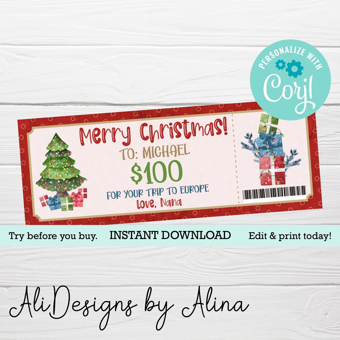 Christmas Cash Gift PRINTABLE Voucher EDITABLE Template - Etsy