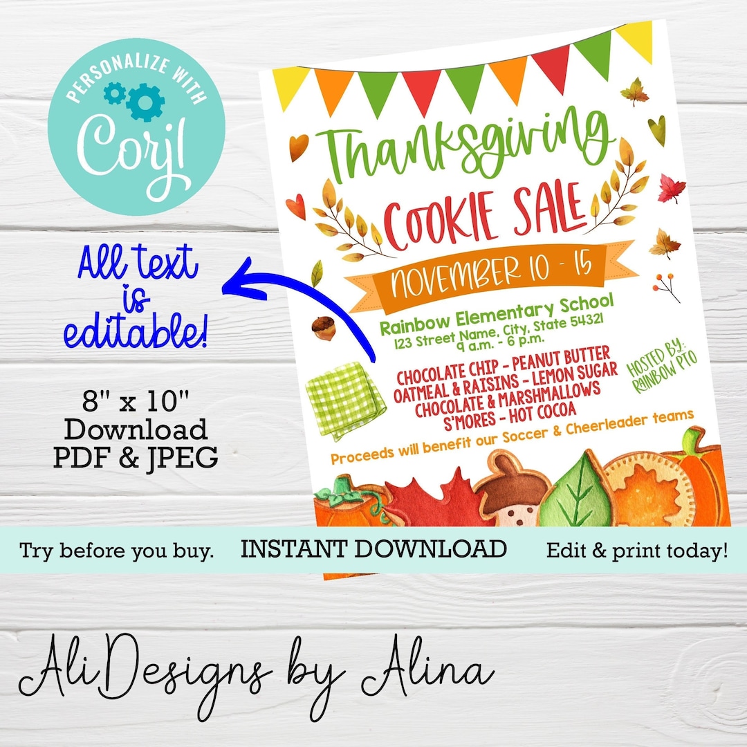 Thanksgiving Cookie Sale Flyer, EDITABLE Poster, Fundraiser Event, Fall ...