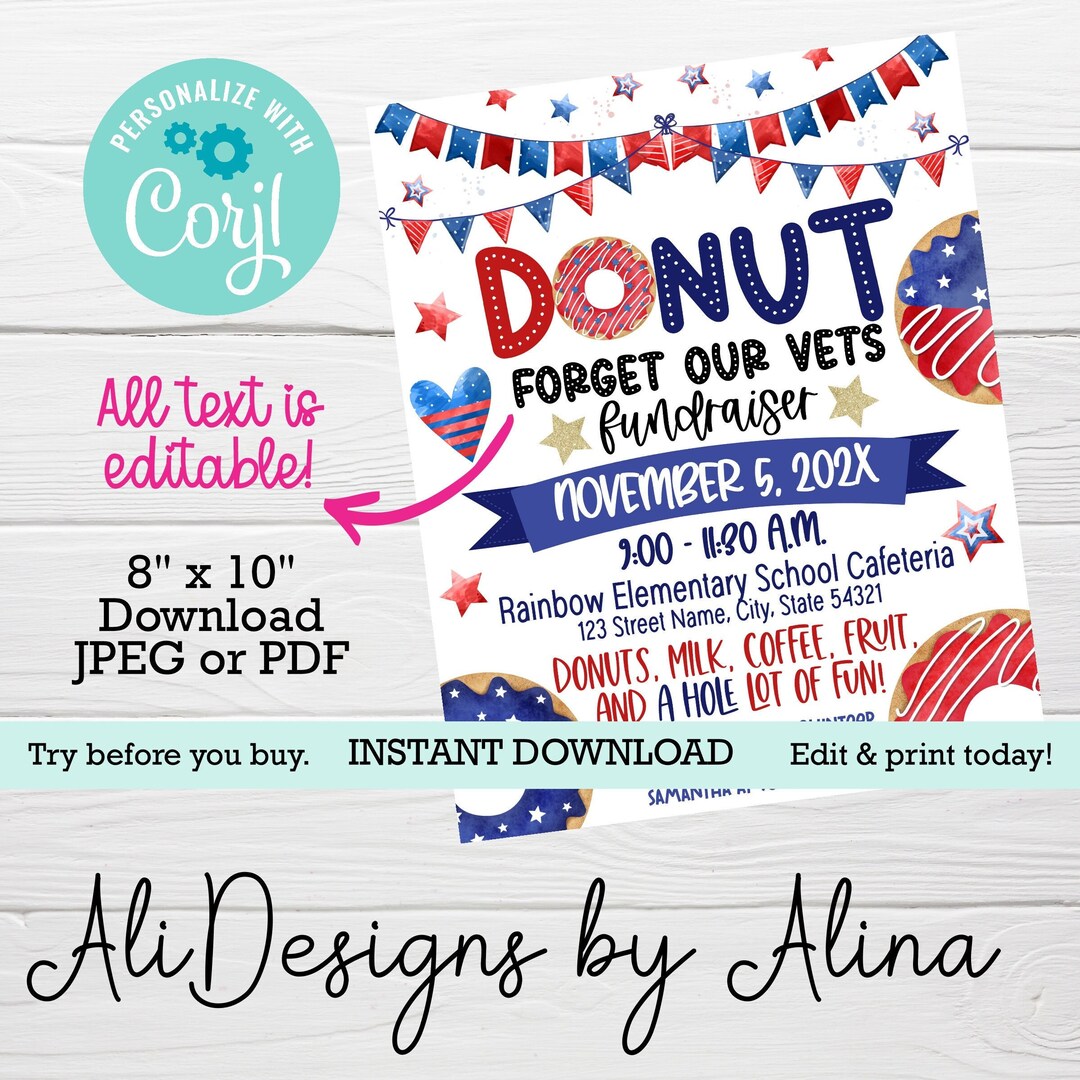 Donut Forget Our Vets, Donut Fundraiser, Veterans Day, Printable Flyer ...
