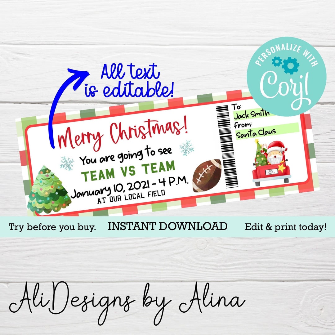 Football Ticket Template, Football Admission Ticket, Christmas Gift ...
