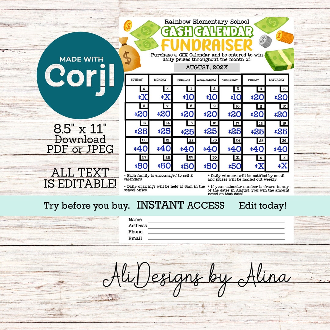 Cash Calendar Fundraiser Flyer, Pick a Date to Donate EDITABLE Take ...