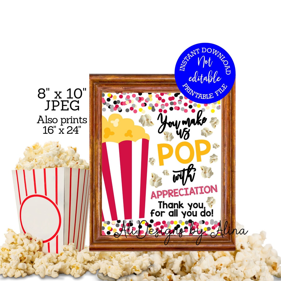 Popcorn Bar PRINTABLE Sign, Teacher Week, Nurse Appreciation, Thank You ...