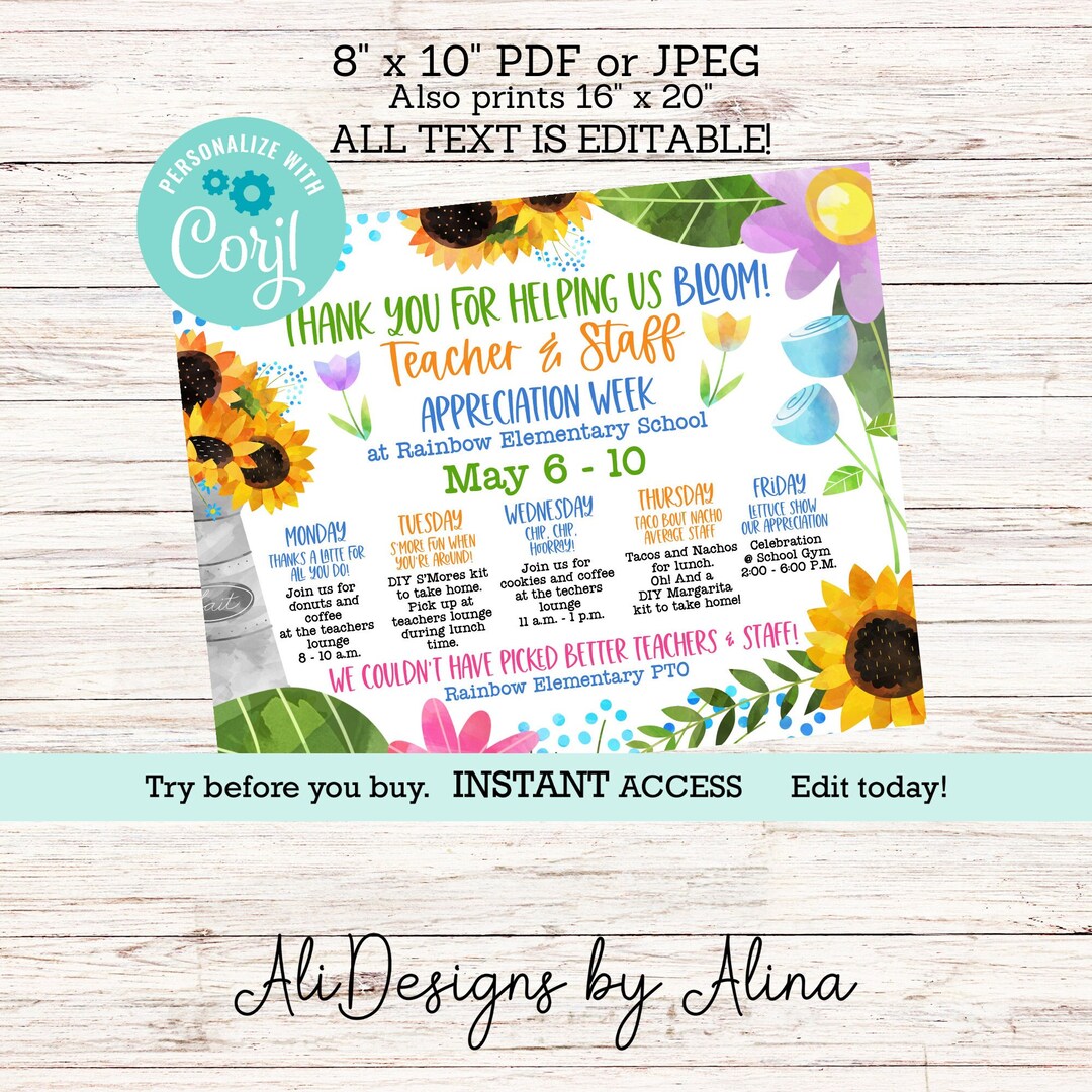 Teacher Staff Appreciation Week Itinerary BLOOM Flowers Theme, EDITABLE ...