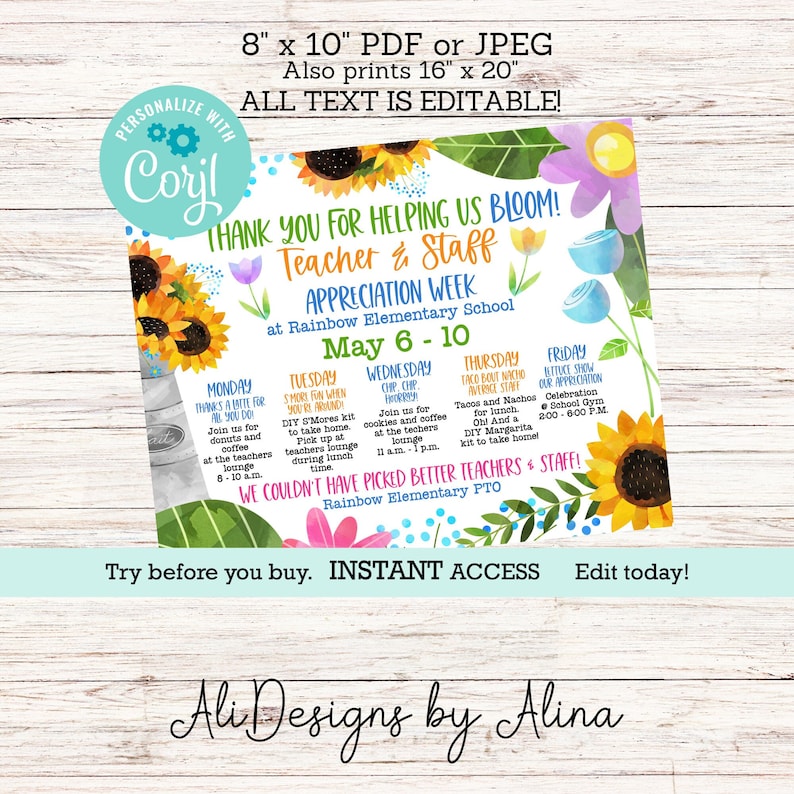 Teacher Staff Appreciation Week Itinerary BLOOM Flowers Theme, EDITABLE ...