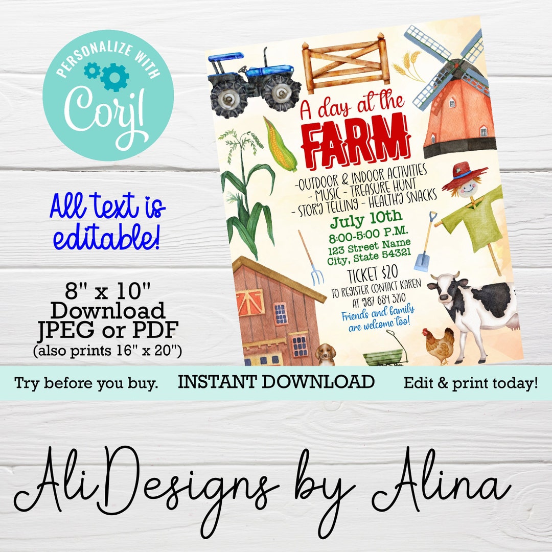 A Day at the Farm Flyer, PRINTABLE Poster, Editable Template, Summer ...