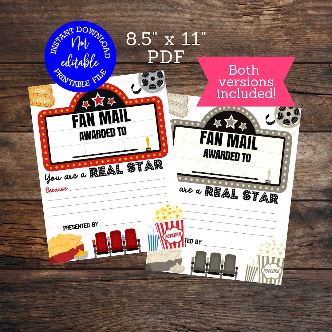 Fan Mail Teacher Appreciation Week Printable, Movies Hollywood Theme ...