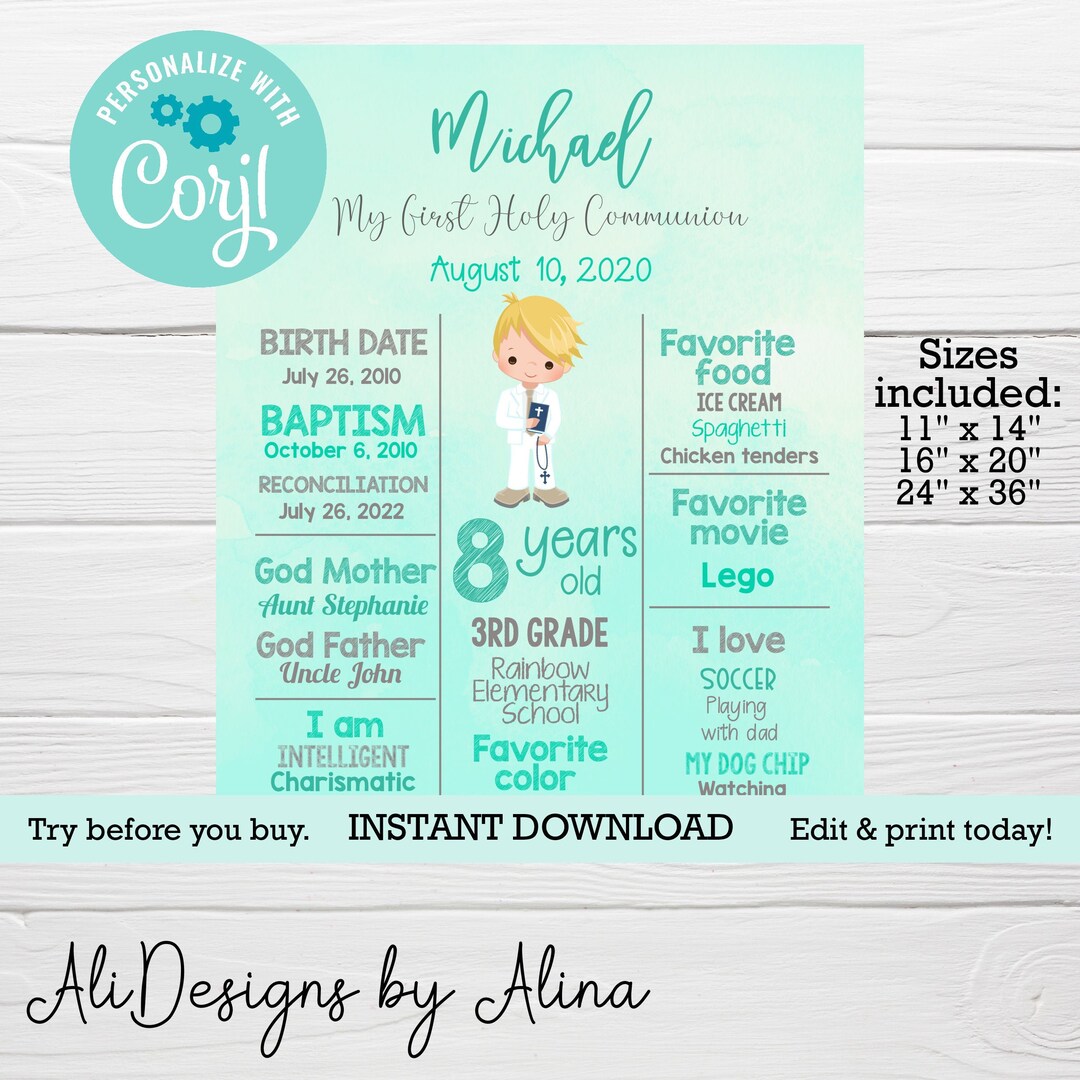 First Holy Communion Board, DIGITAL Download, EDITABLE Template ...
