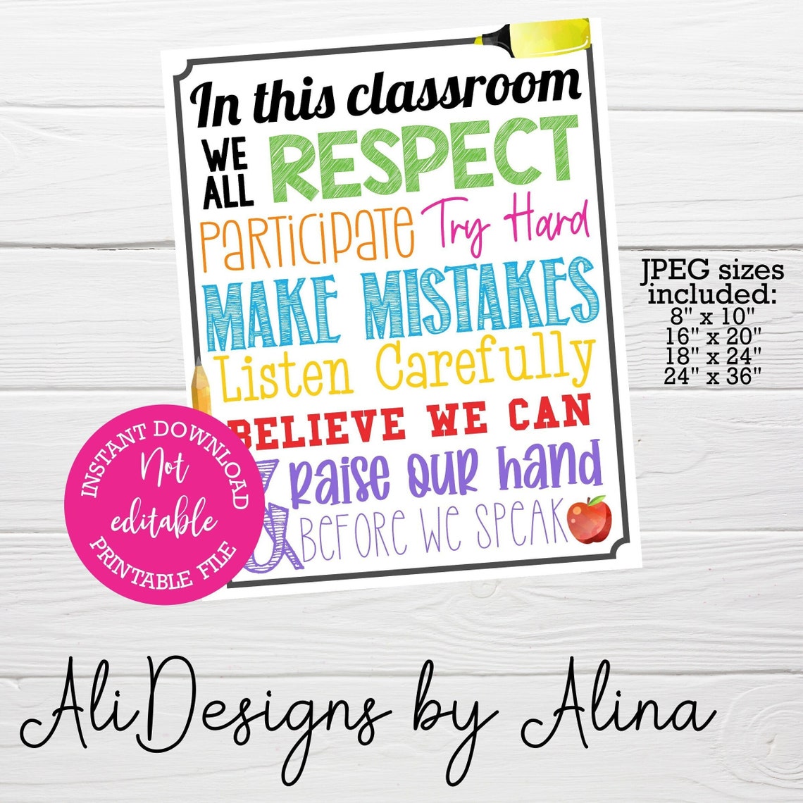 Classroom Rules Poster: Respect, Motivational Sign (printable Digital ...