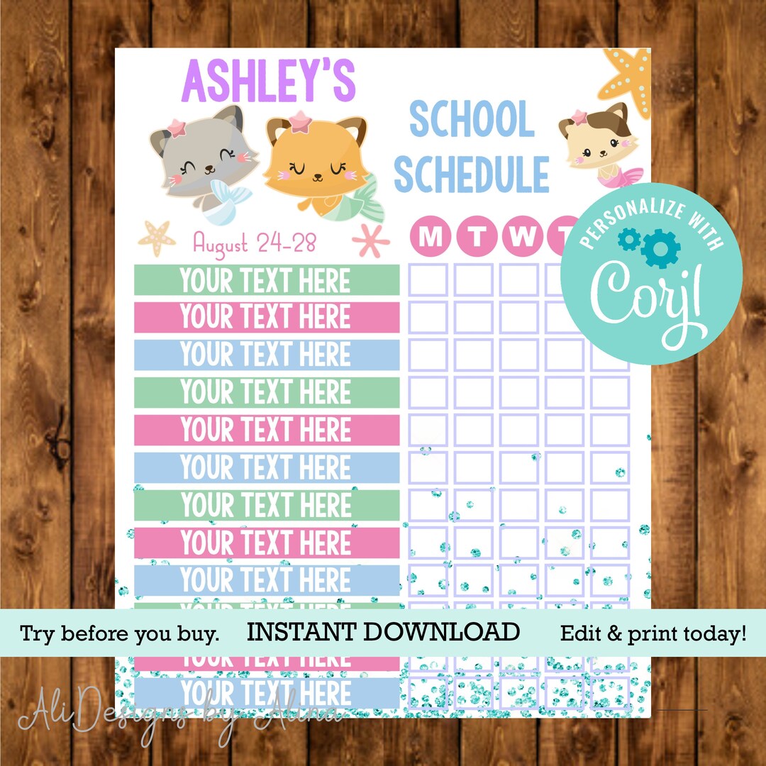 Editable School Schedule, Mermaid Cat, Girl Activity Planner, PRINTABLE ...