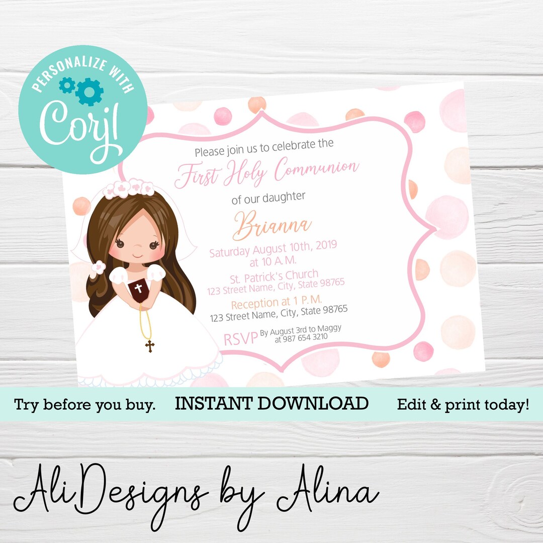 Invitation for GIRL First Communion EDITABLE Invite Digital - Etsy