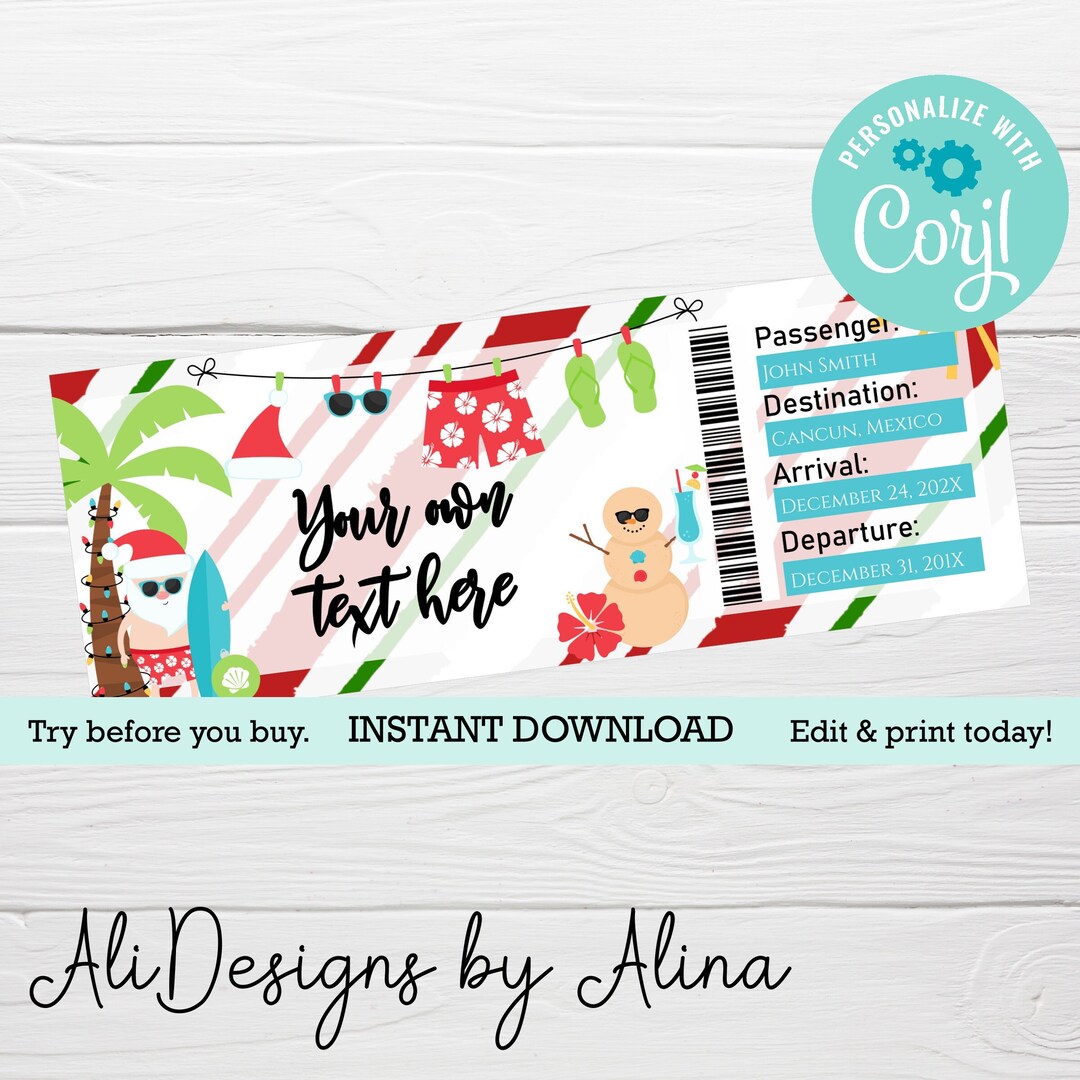 Christmas Gift Boarding Pass, EDITABLE Ticket, Suprise Vacation Voucher ...
