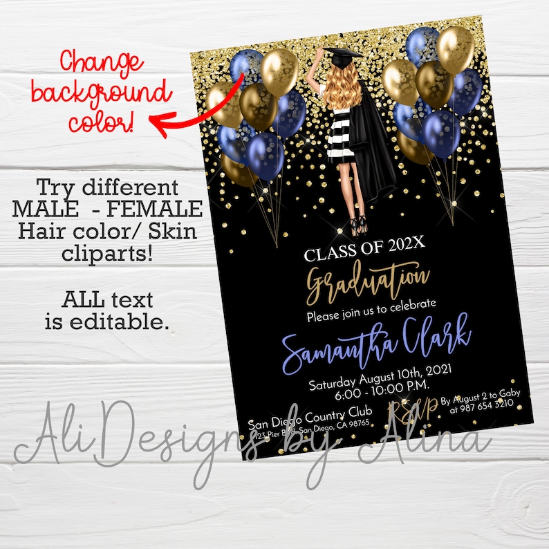 Navy Gold Graduation Invitation, Editable Template (digital) - Etsy