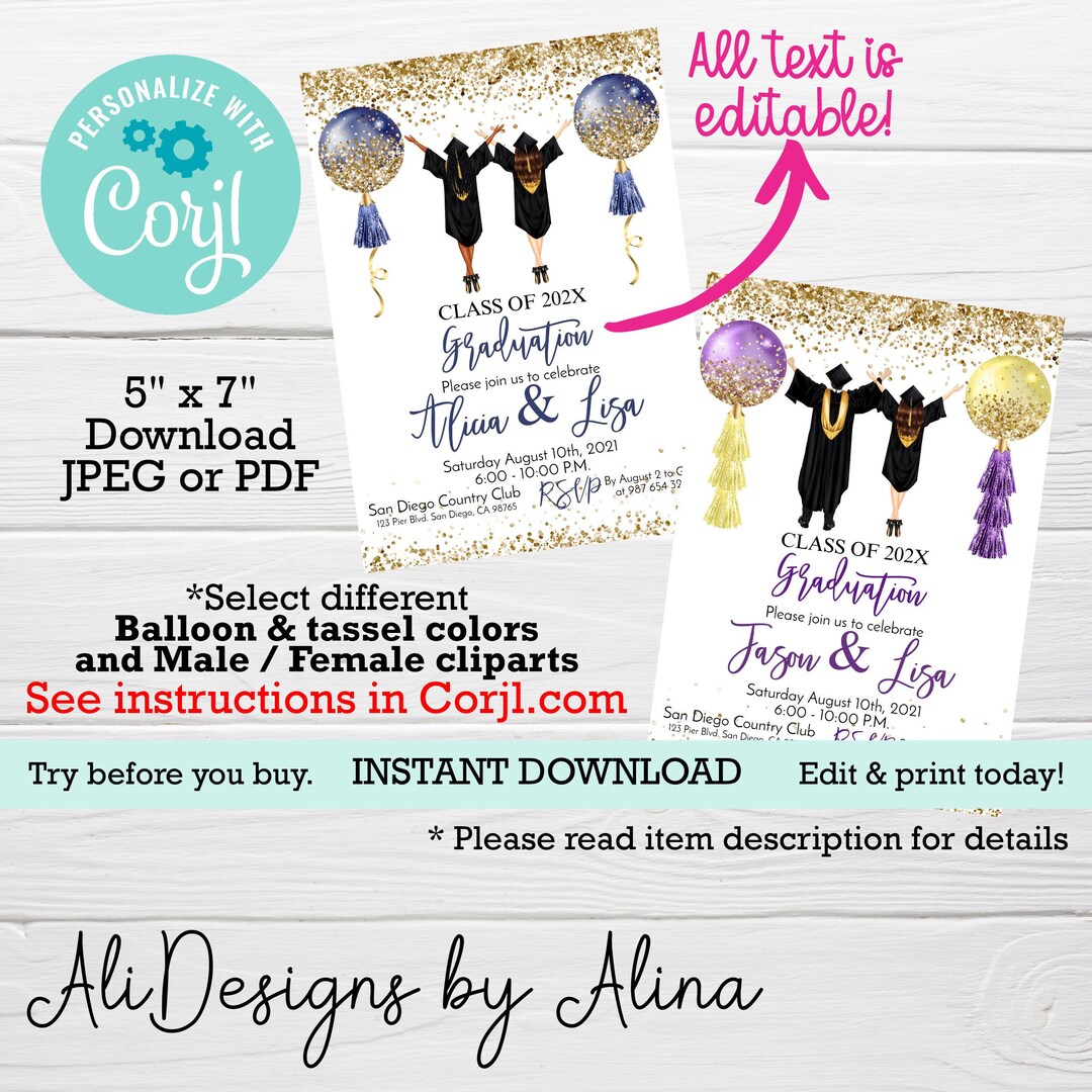 Change Balloon Color Graduation Invitation, EDITABLE Template, Class of ...