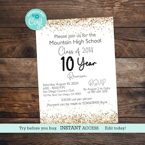 10 Year Reunion Invitation, Class Reunion Invite, White and Gold ...