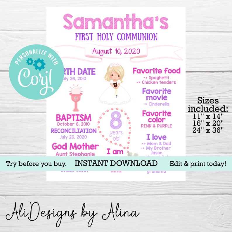 First Holy Communion Board, Girl, Editable Template (digital Download ...