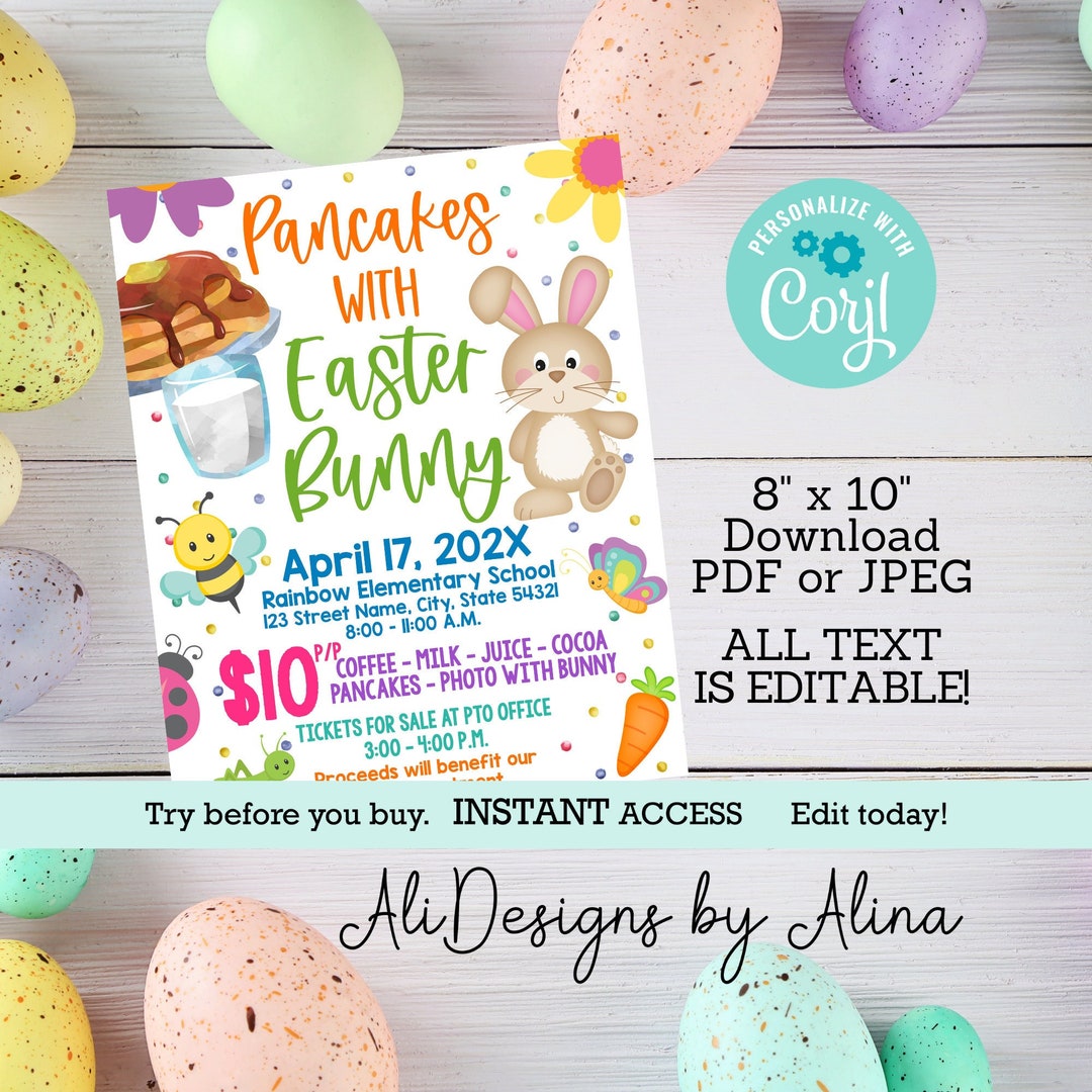 Pancakes With Easter Bunny Flyer, Easter Fundraiser Invitation, PTA PTO ...