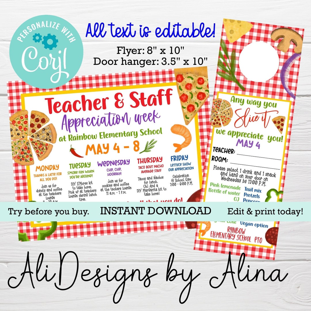 Teacher Staff Appreciation Week Calendar, Pizza Theme, Room Service ...
