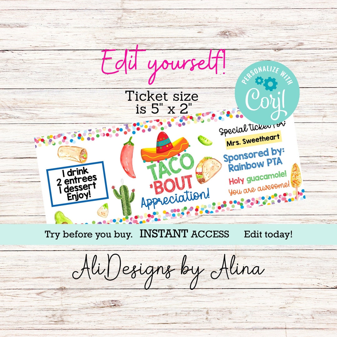 Taco Bout Ticket, EDITABLE Template, Printable Voucher, PTA PTO Event ...