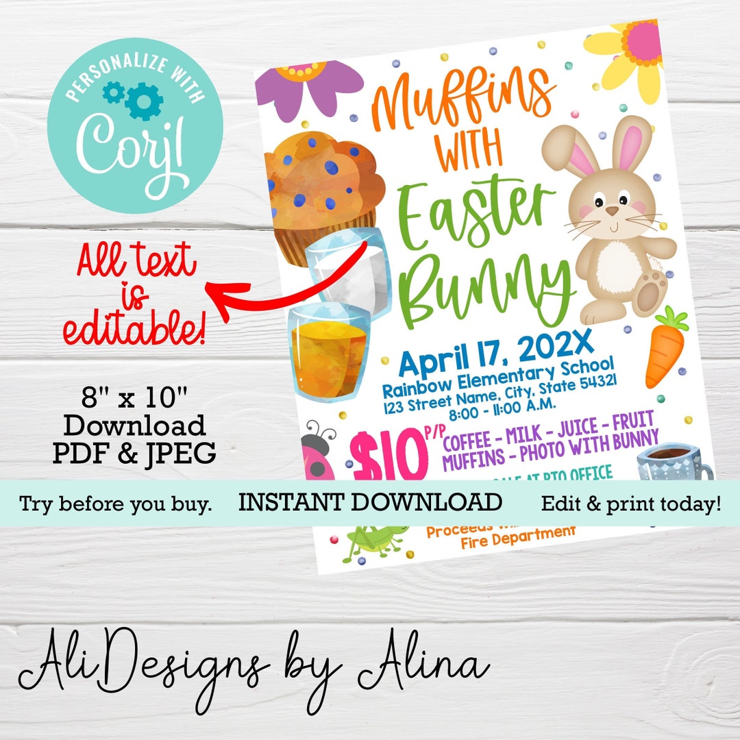 Muffins With Easter Bunny Flyer, EDITABLE Poster, Easter Fundraiser ...