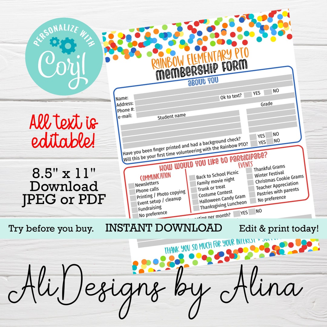 PTA PTO Membership Form, Editable Template, Printable Form, Parent ...