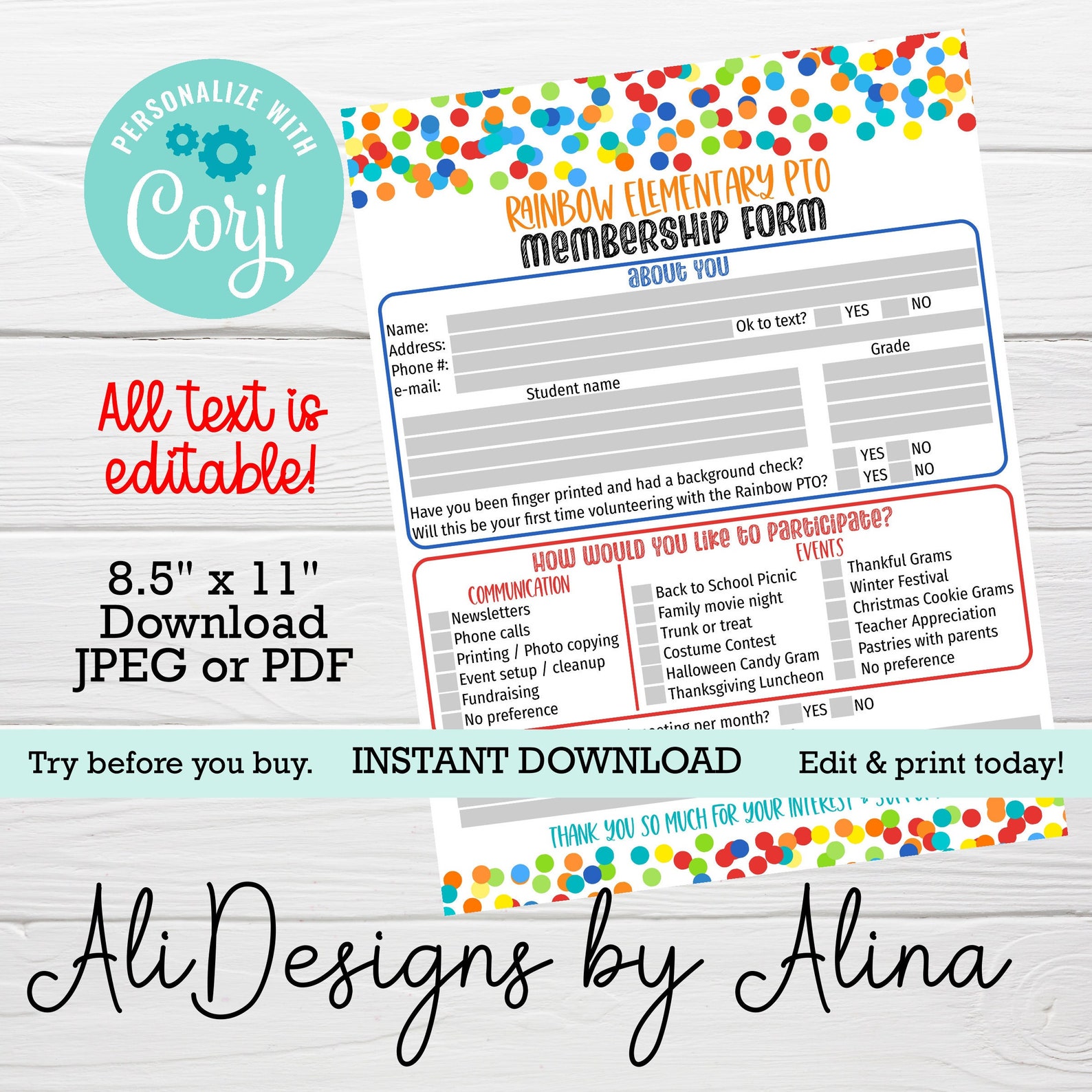 PTA PTO Membership Form EDITABLE Template Printable Form - Etsy