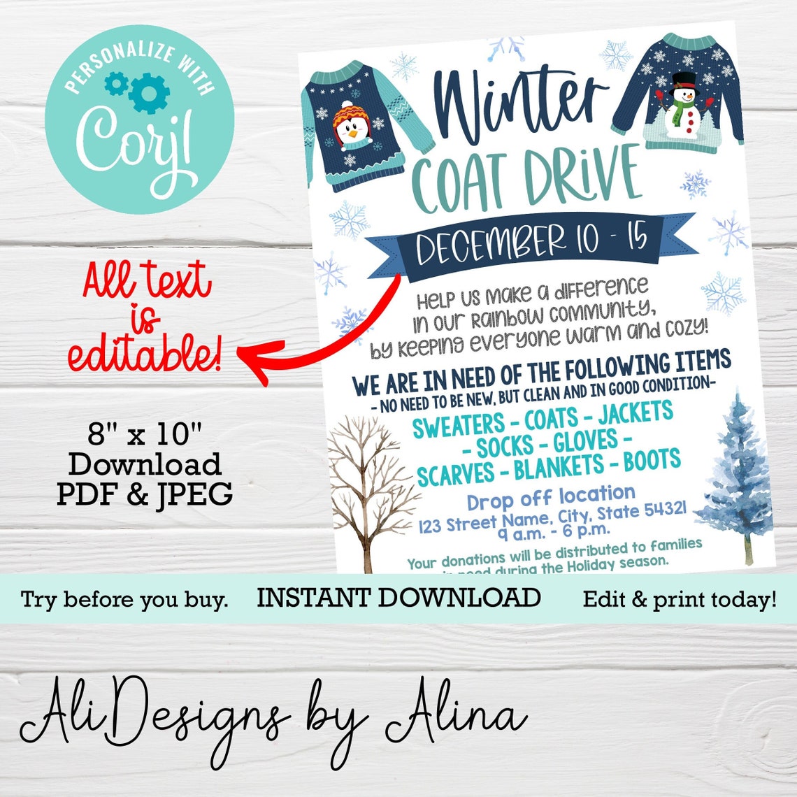 Winter Coat Drive Flyer, EDITABLE Poster, Coat Warm Clothes Donation ...