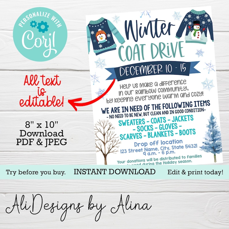 Winter Coat Drive Flyer, EDITABLE Poster, Coat Warm Clothes Donation ...