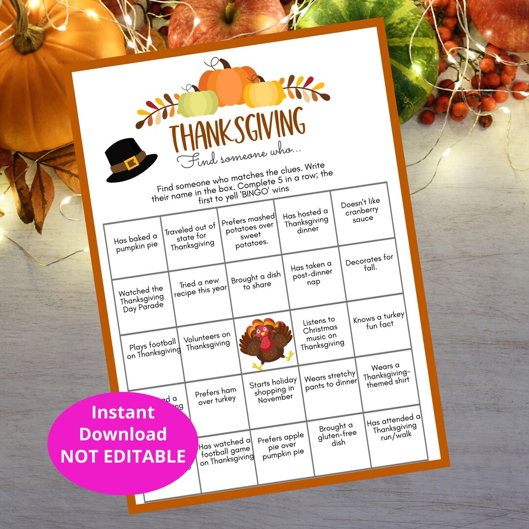 Thanksgiving Find Someone Who Game | Fun Guest Bingo for Friendsgiving ...
