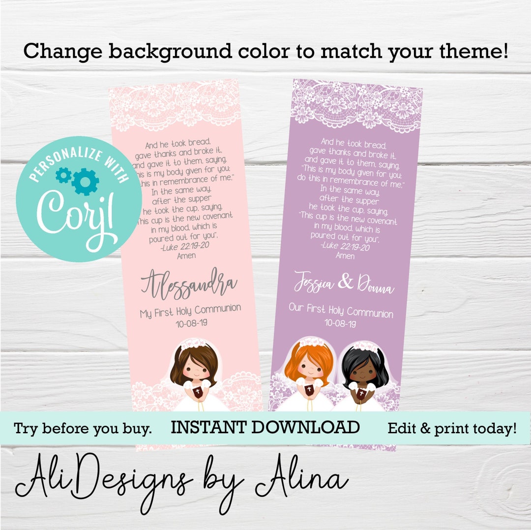 First Holy Communion BOOKMARK Favors, Editable Template, DIGITAL ...