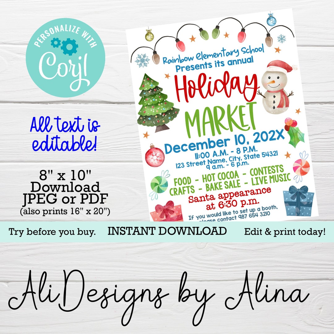 Holiday Market Flyer, EDITABLE Template, Christmas Sale Poster, Craft ...
