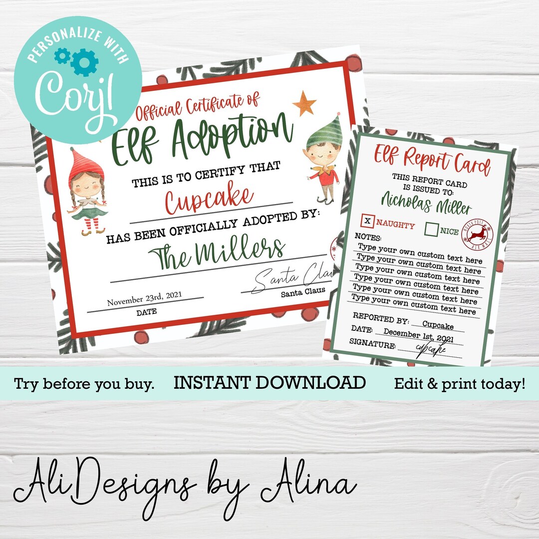 Elf Certificate of Adoption Elf Report Card EDITABLE - Etsy