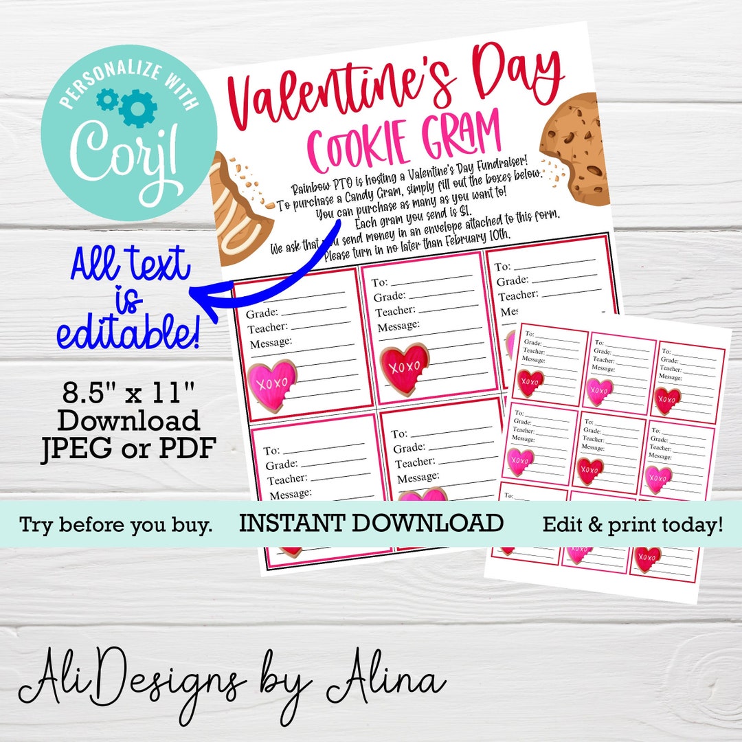 Valentine's Day Cookie Gram Template School Fundraiser PTA PTO Event ...
