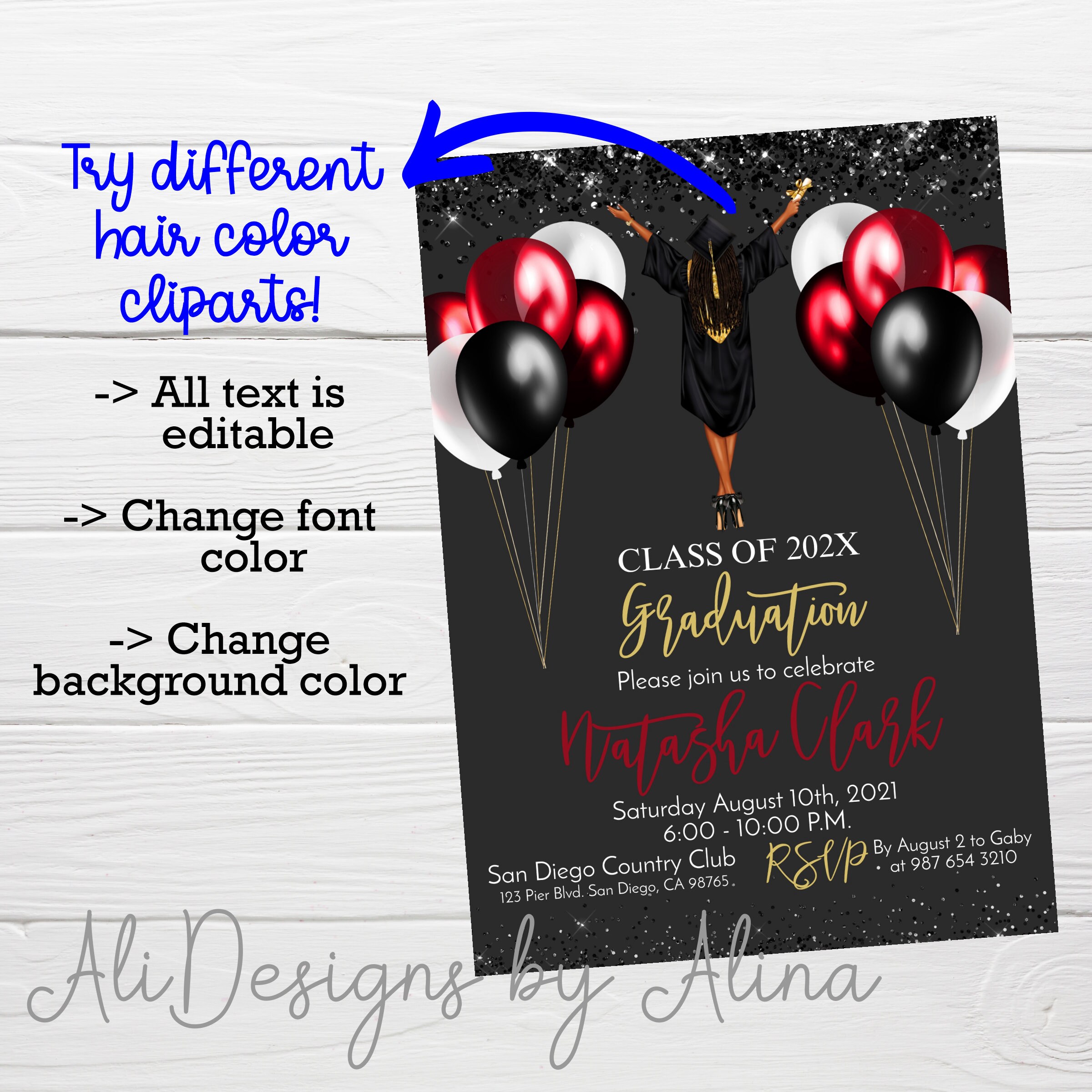 Red Black and White Graduation Invitation EDITABLE Template - Etsy