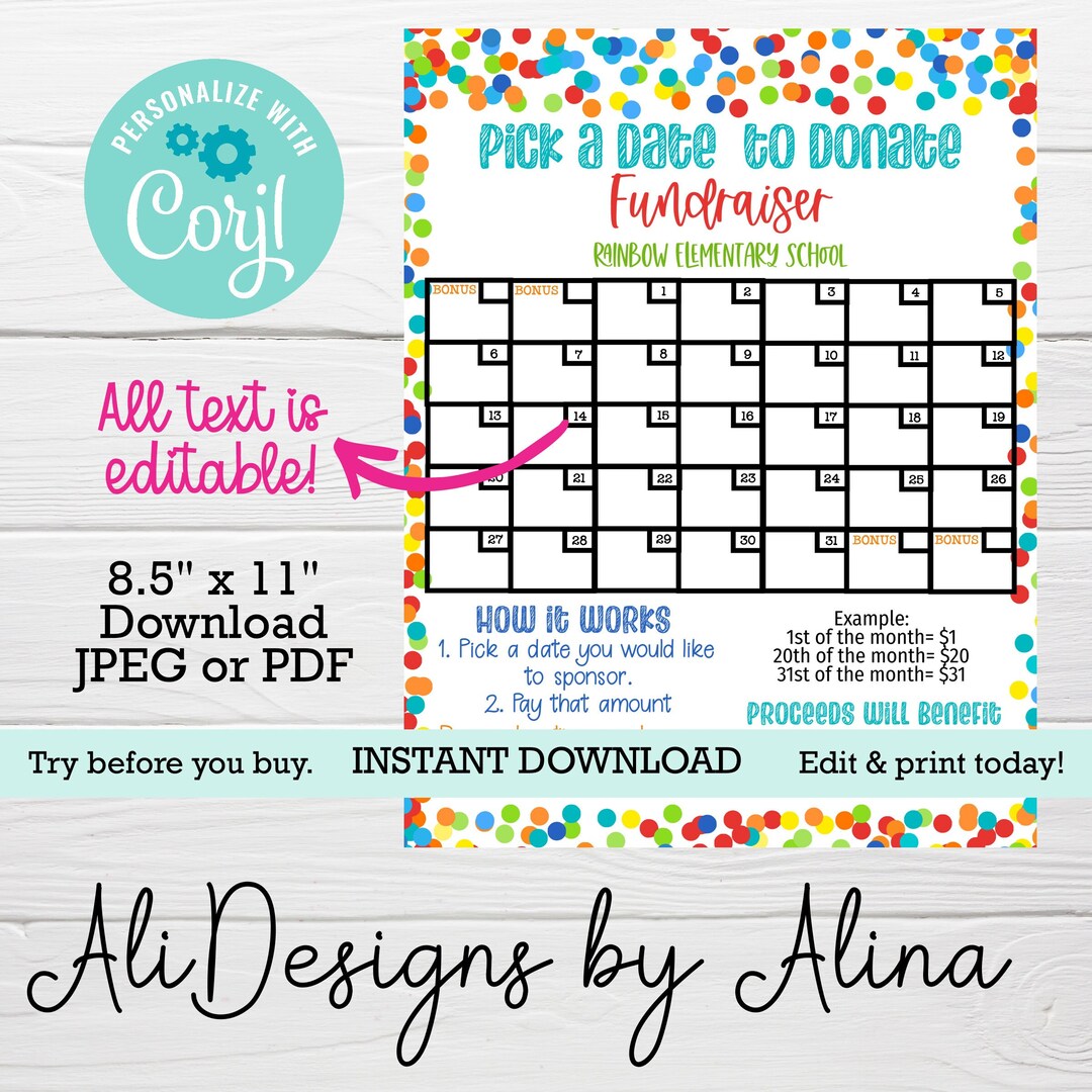 Pick a Date to Donate Fundraiser Flyer, Editable Calendar, PTA PTO ...