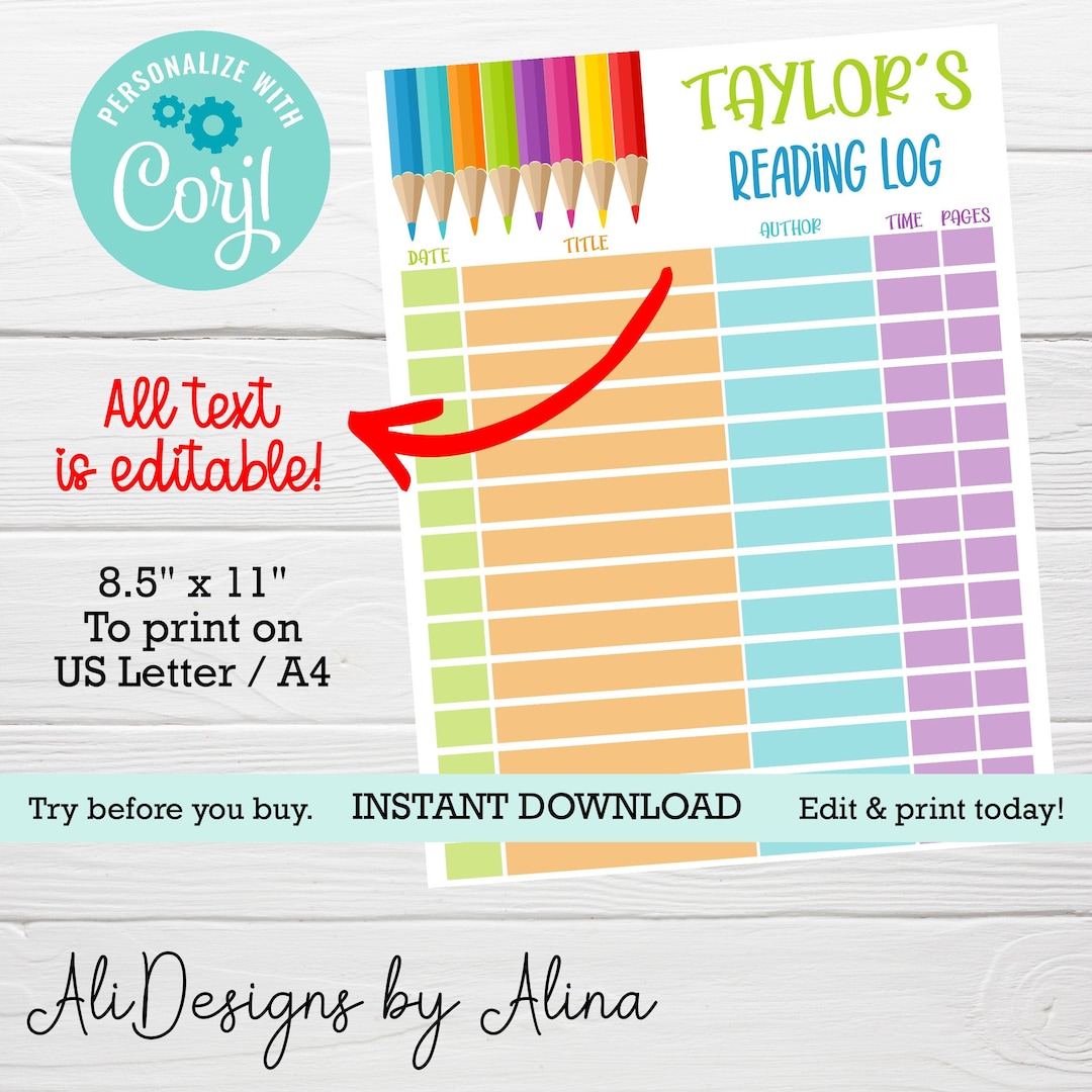 Kids PRINTABLE Reading Log, EDITABLE Template, Reading Journal, for ...