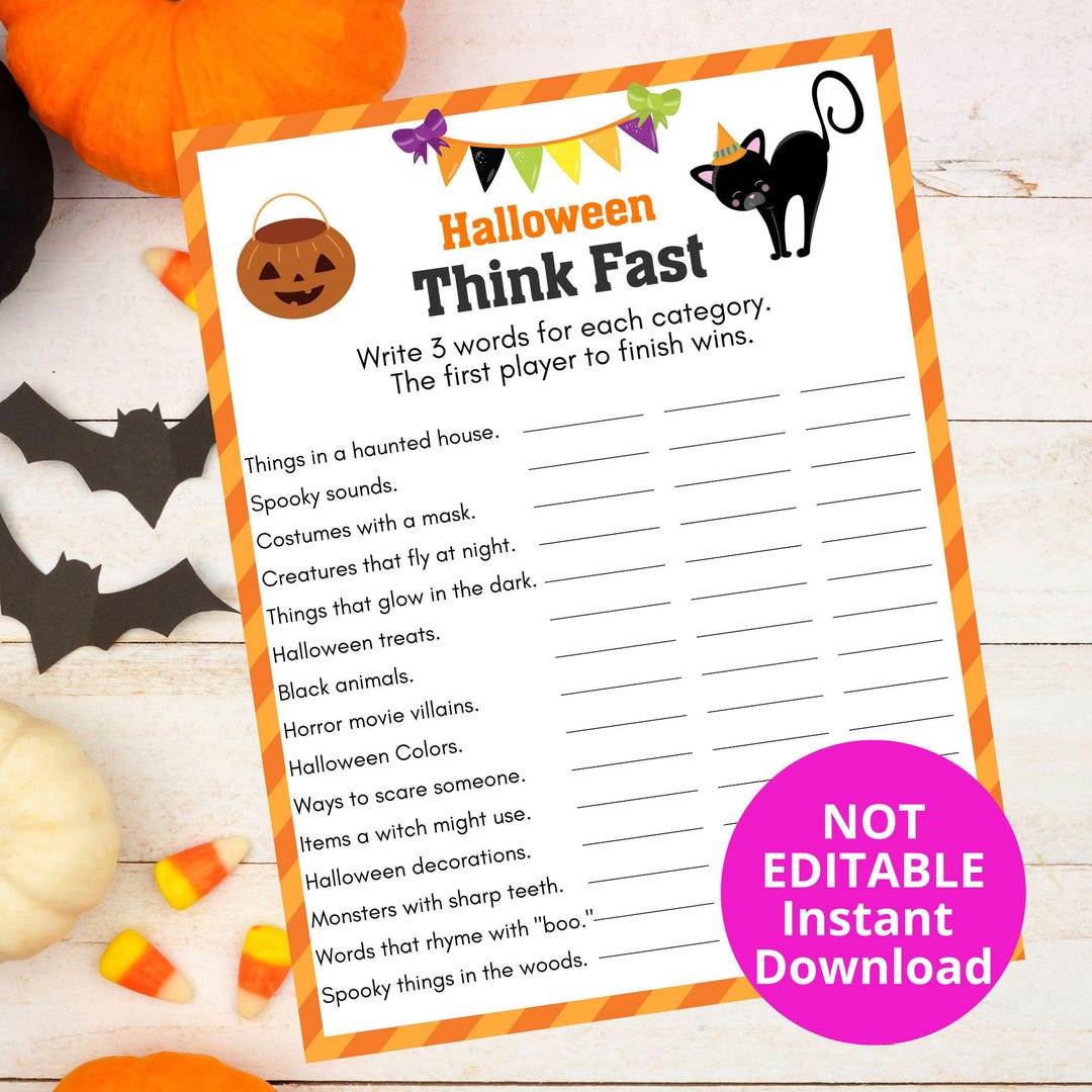 Halloween Think Fast Printable Game | Spooky Trivia Activity for Kids ...