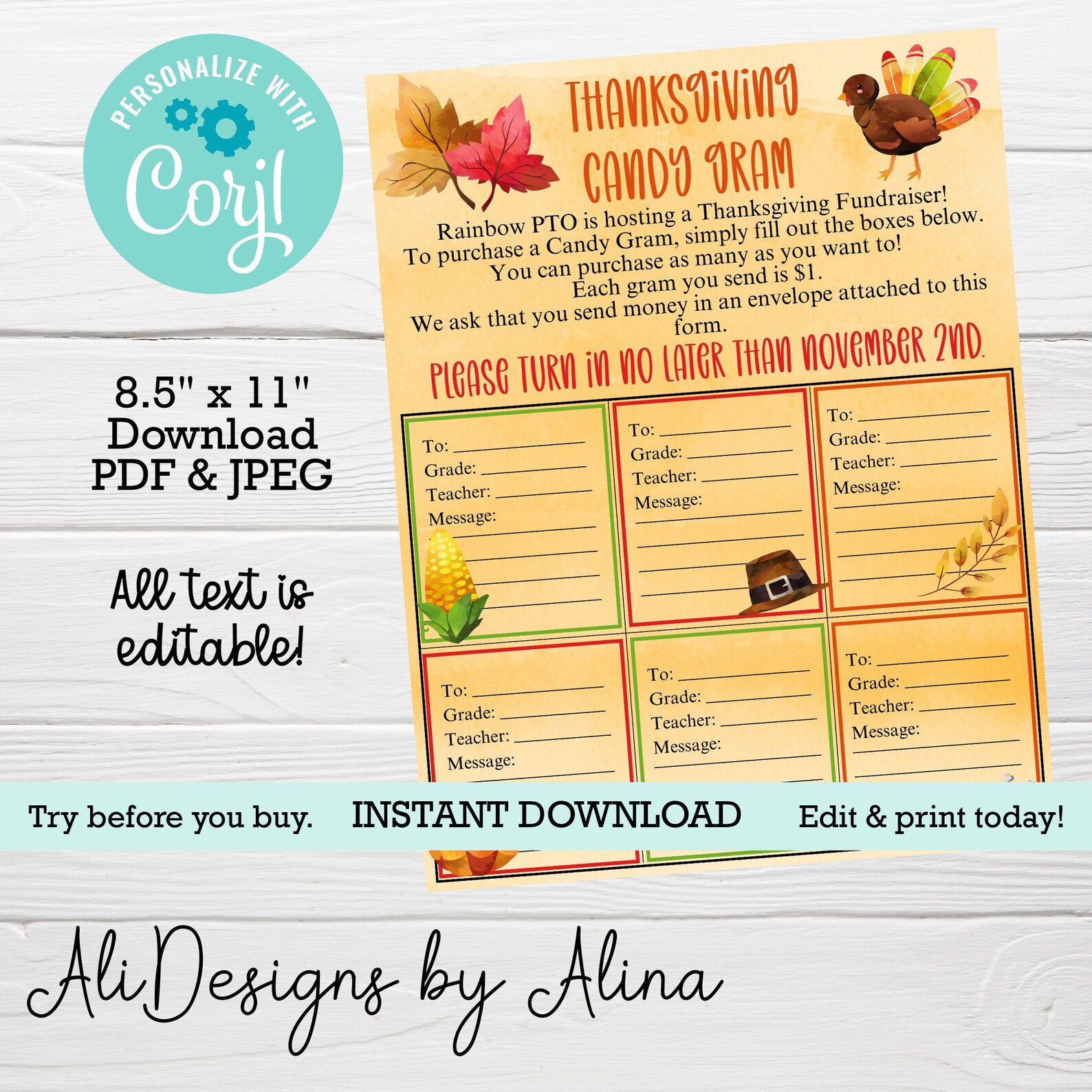 Thanksgiving Candy Gram EDITABLE flyer PTA PTO Fundraiser | Etsy