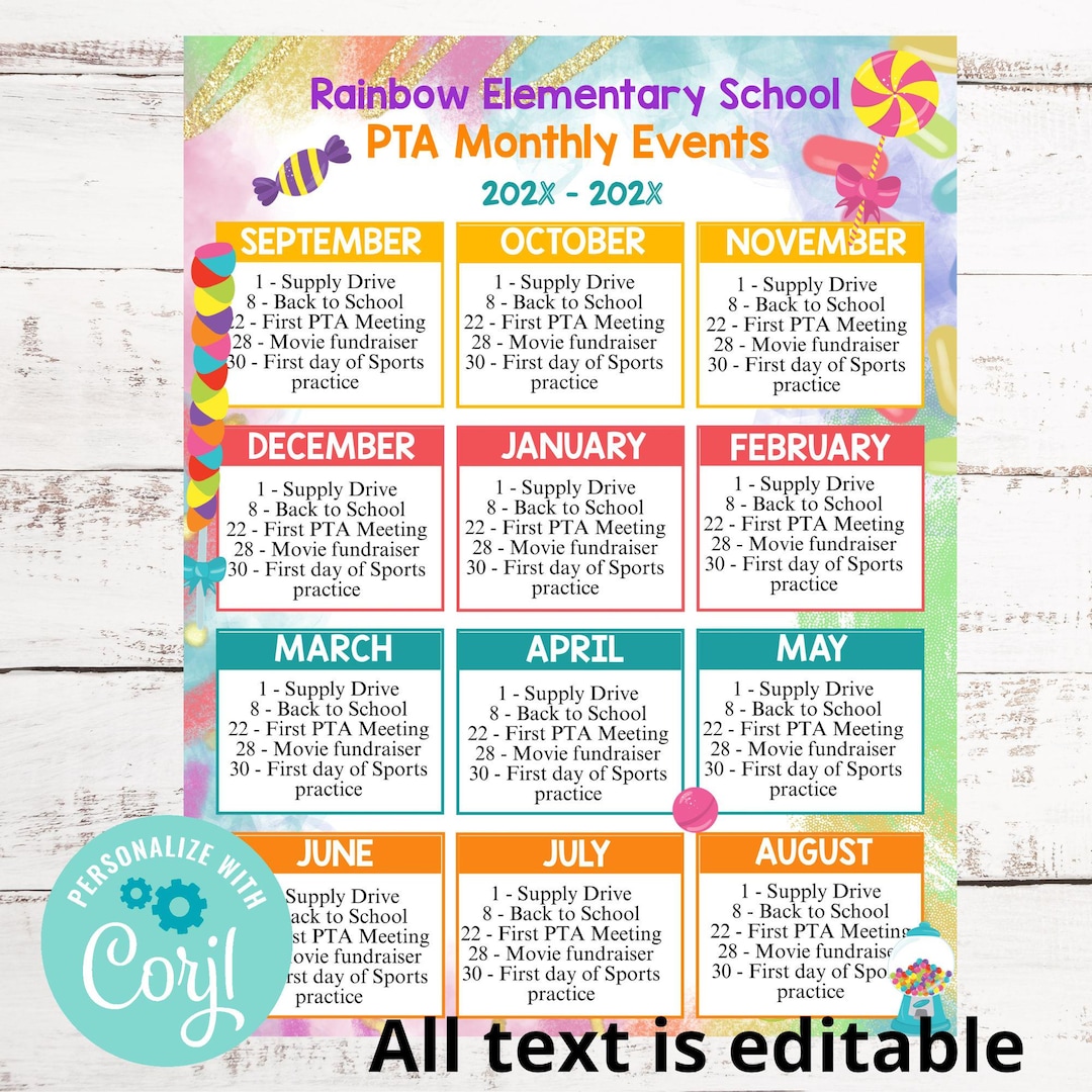 PTA PTO Monthly Events Calendar, Editable Meeting Agenda Handout ...