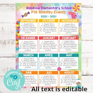 PTA PTO Monthly Events Calendar, Editable Meeting Agenda Handout, Seasonal Events Calendar, Take ...