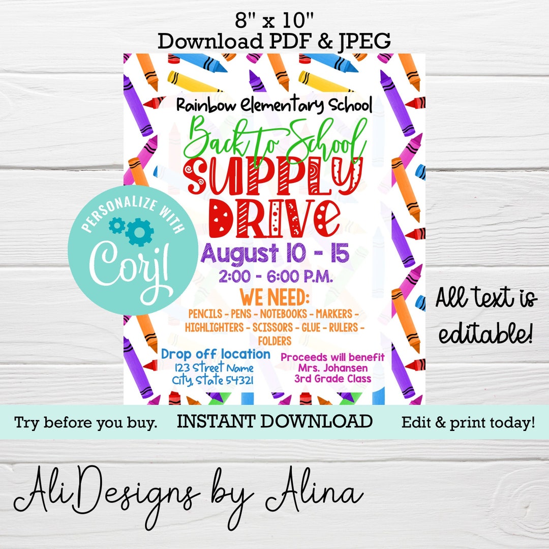 Supply Drive EDITABLE Flyer, Back to School Fundraiser, PTA PTO Event ...