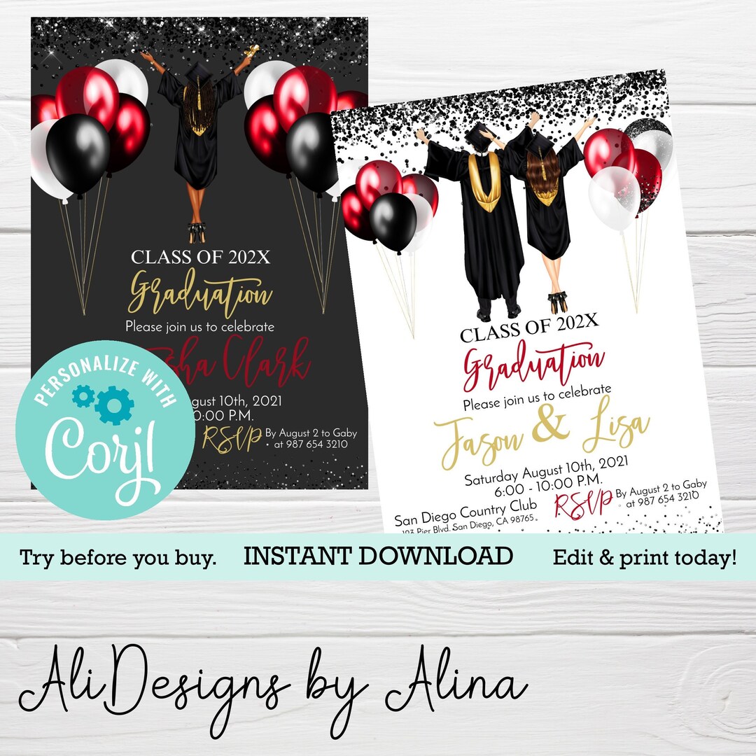 Red Black and White Graduation Invitation, EDITABLE Template, Senior ...