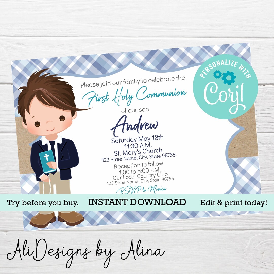 Boy Holy Communion Invitation, EDITABLE Template, Printable PDF ...