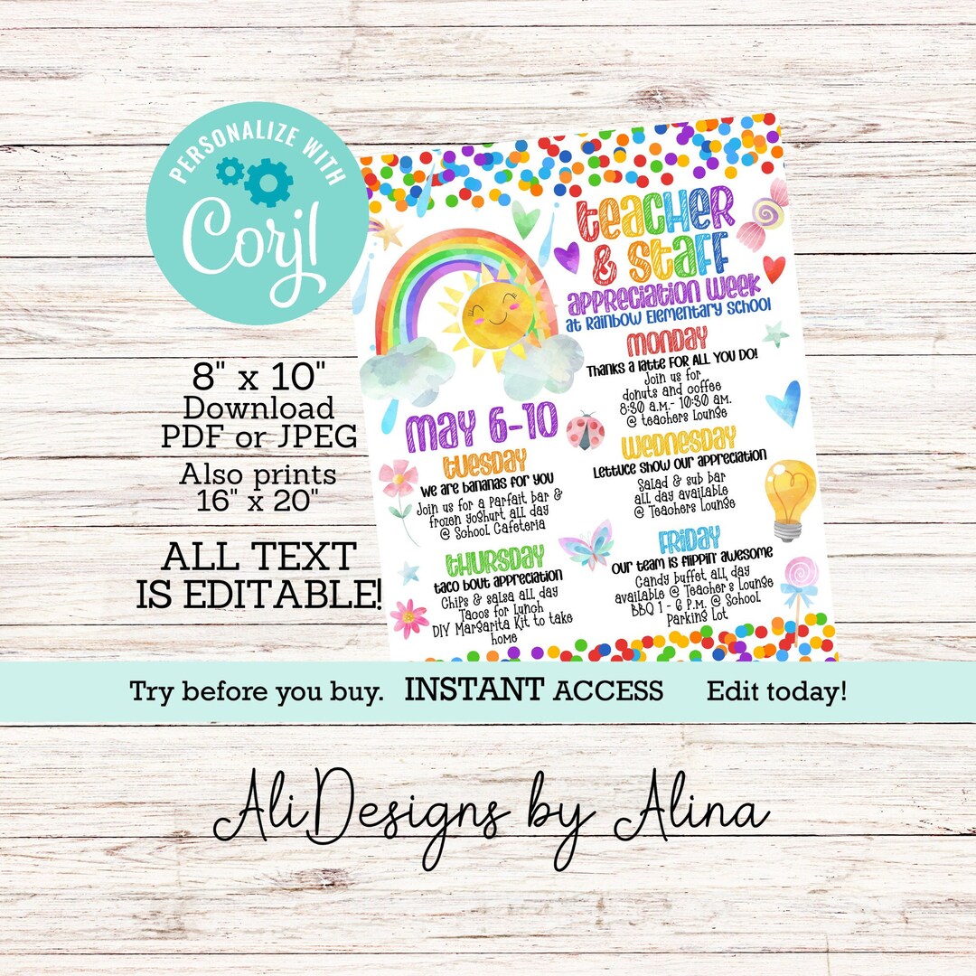 Teacher Staff Appreciation Week Calendar EDITABLE Template, Rainbow ...