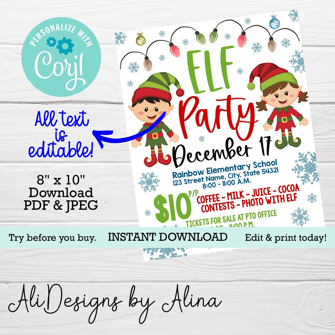 Elf Party Flyer, EDITABLE Elf Invitation, PTA PTO Event, Kids Party ...