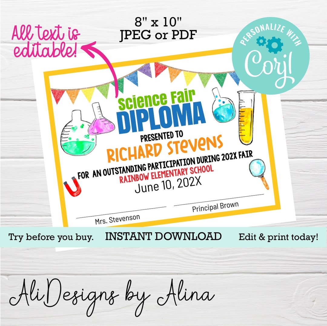 Science Fair Diploma, Editable Template, Certificate of Achievement ...
