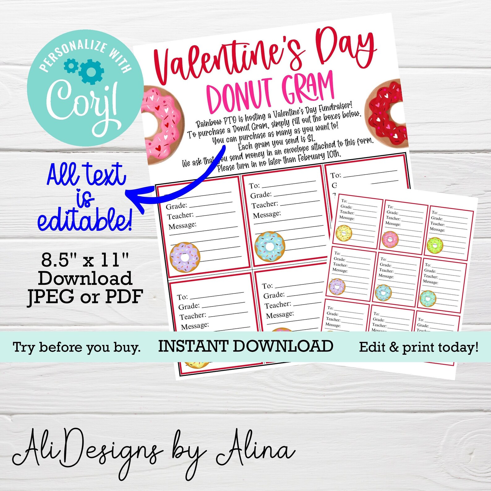 Donut Gram Printable Flyer, PTA PTO Fundraiser, Valentine's Day ...