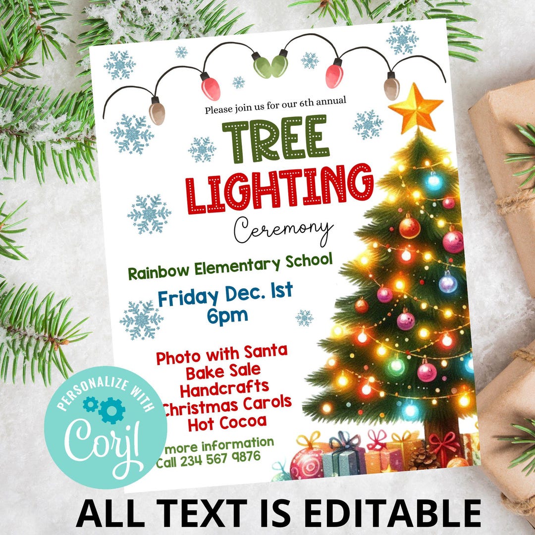 Holiday Tree Lighting Editable Flyer Template, Christmas Festival ...