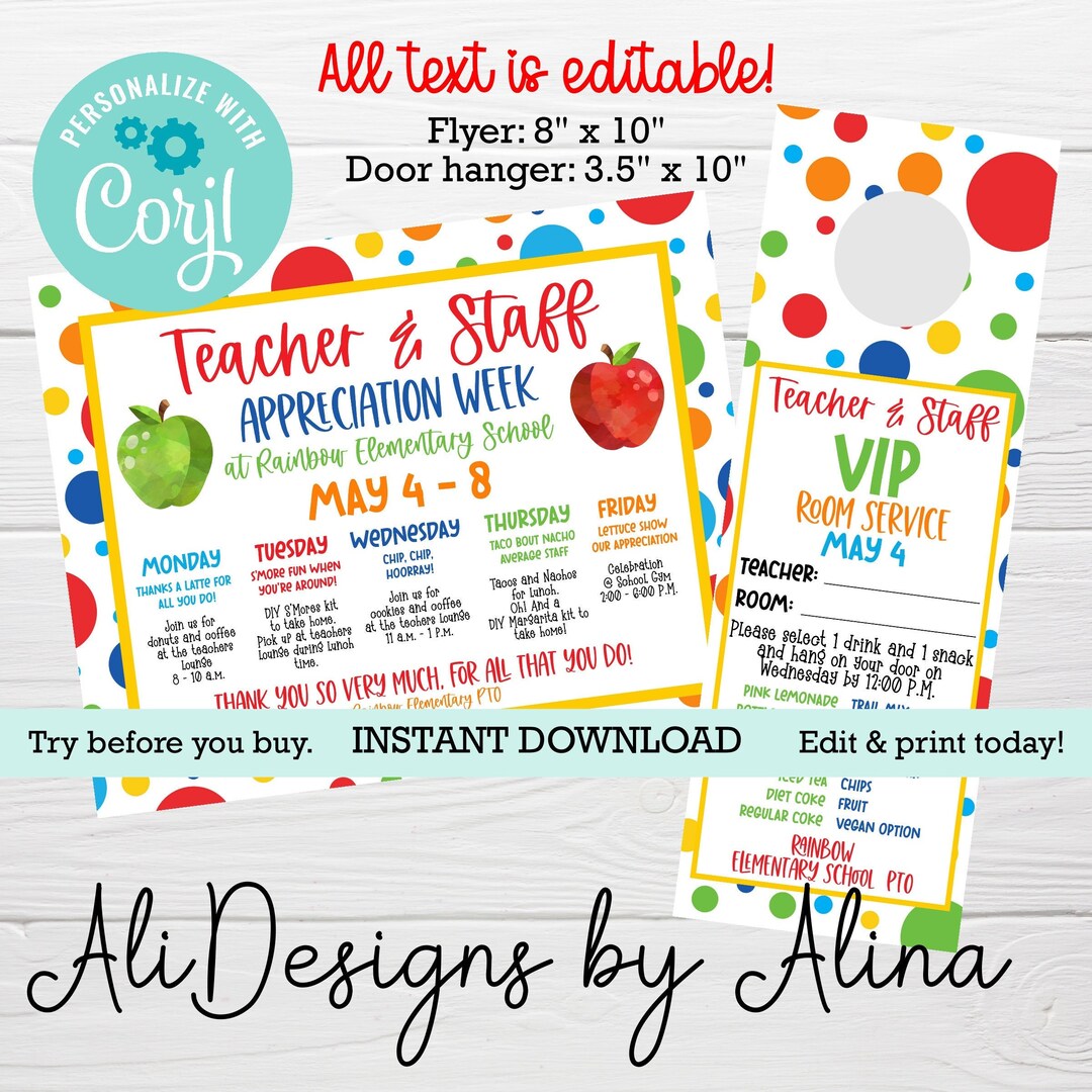 Teacher and Staff Appreciation Week EDITABLE Calendar, Room Service ...