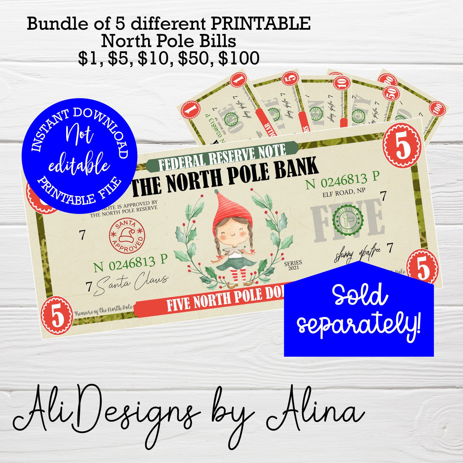 Santa Money FIVE dollar bill PRINTABLE Elf dollars Holiday | Etsy